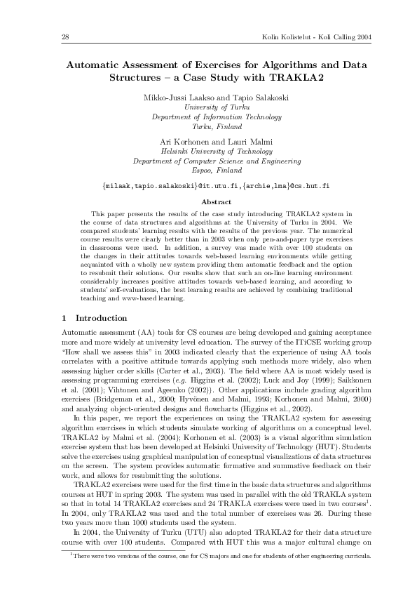 (PDF) Automatic Assessment of Exercises for Algorithms and Data Structures - a Case Study with ...