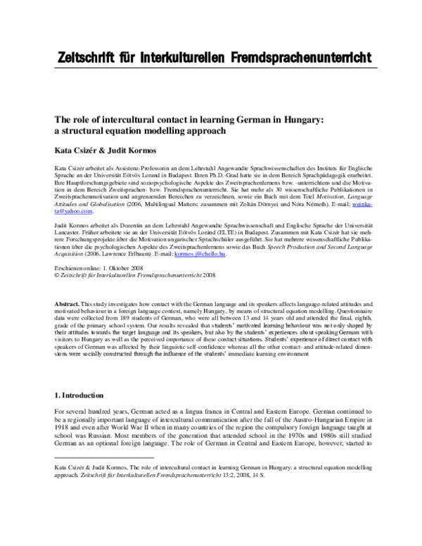 (PDF) The role of intercultural contact in learning German in Hungary ...