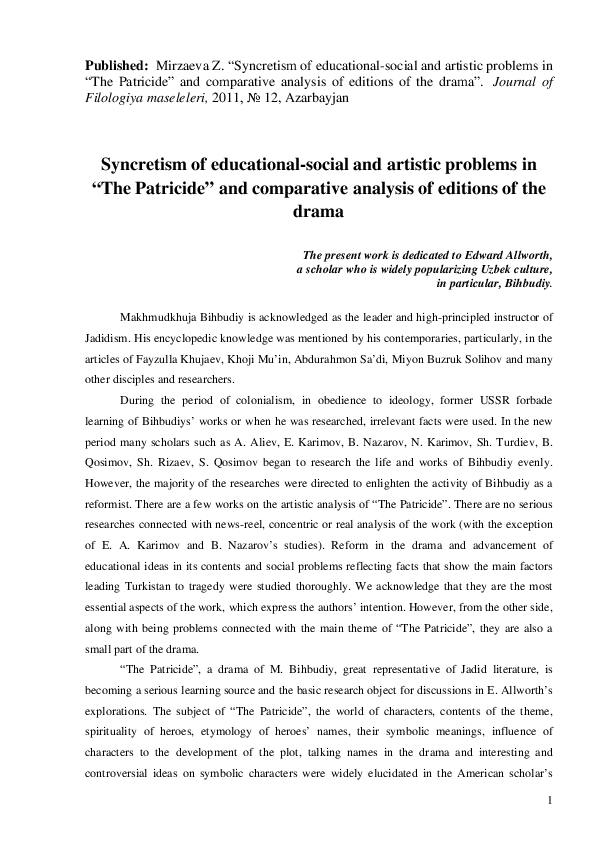 (PDF) Syncretism of educational-social and artistic problems in “The Patricide” and comparative ...