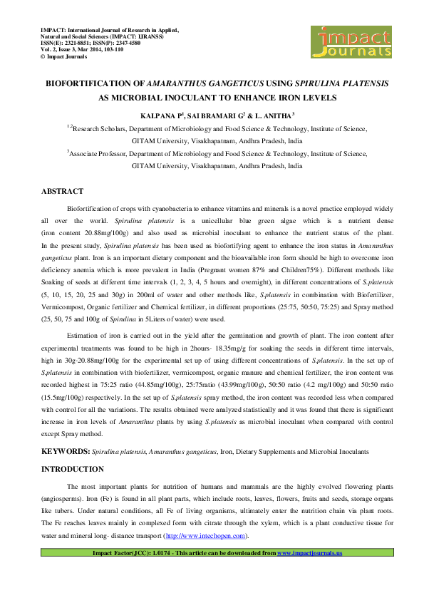 (PDF) BIOFORTIFICATION OF AMARANTHUS GANGETICUS USING SPIRULINA ...