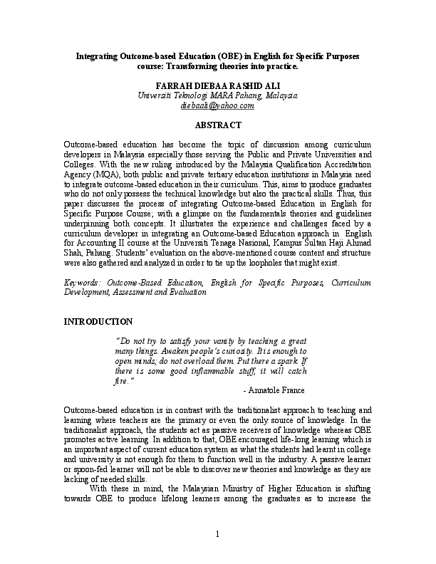(DOC) Integrating Outcome-based Education (OBE) in English for Specific ...