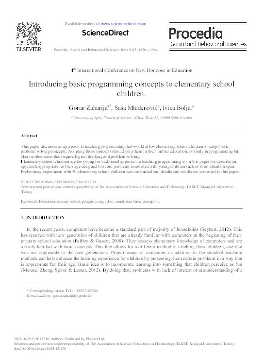 (PDF) Introducing basic Programming Concepts to Elementary School Children