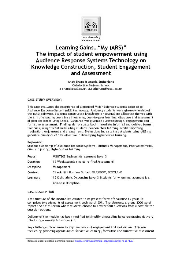 (PDF) Learning Gains…"My (ARS)" The impact of student empowerment using Audience Response ...