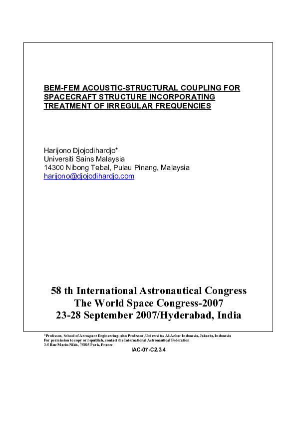 Pdf Bem Fem Acoustic Structural Coupling For Spacecraft Structure Incorporating Treatment Of