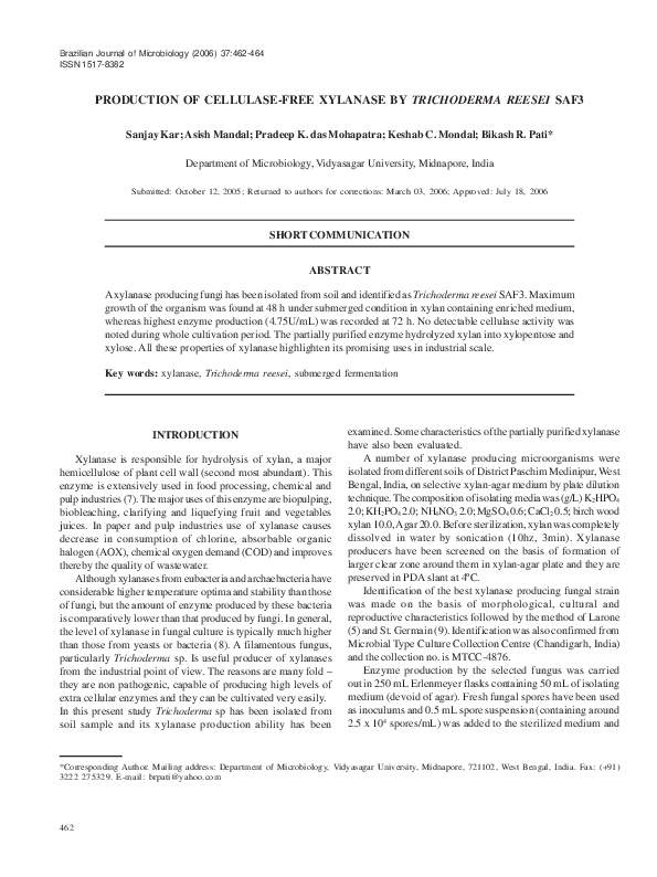 (PDF) Production of cellulase-free xylanase by Trichoderma reesei SAF3