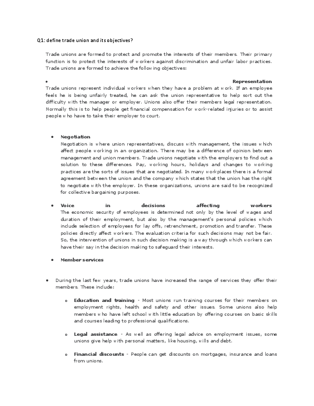 (DOC) Q1: define trade union and its objectives