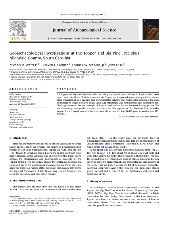 (PDF) Geoarchaeological Investigations at the Topper and Big Pine Sites ...