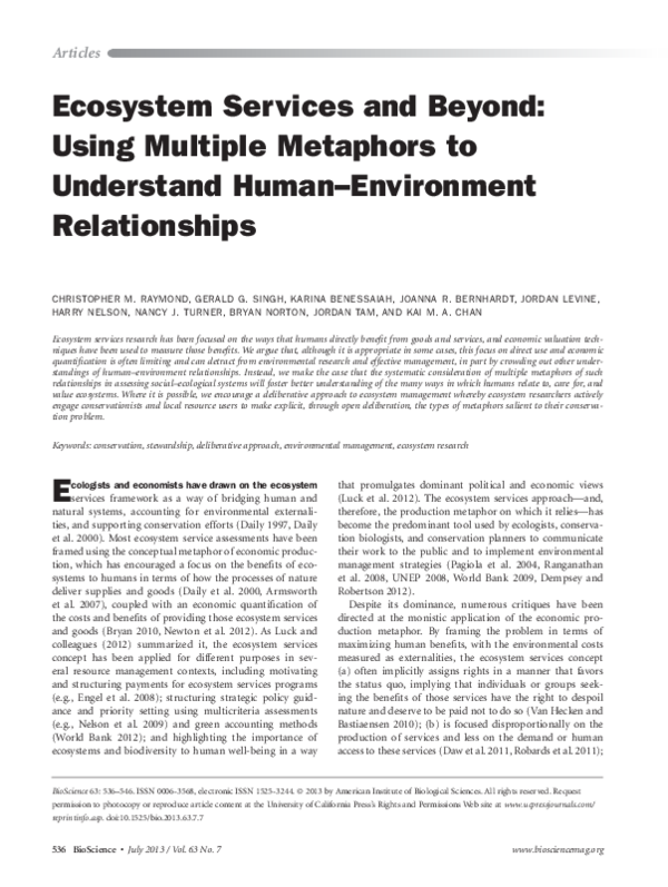 (PDF) Ecosystem Services and Beyond: Using Multiple Metaphors to ...