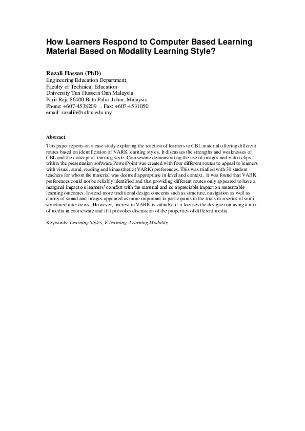 (PDF) How Learners Respond to Computer Based Learning Material Based on ...