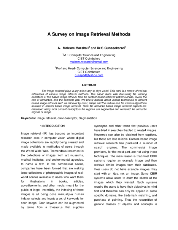 Pdf A Survey On Image Retrieval Methods