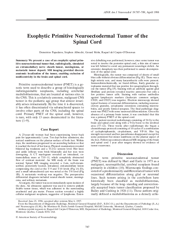 Pdf Exophytic Primitive Neuroectodermal Tumor Of The Spinal Cord