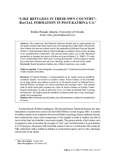 (PDF) 'Like Refugees in their Own Country:' Racial Formation in post ...