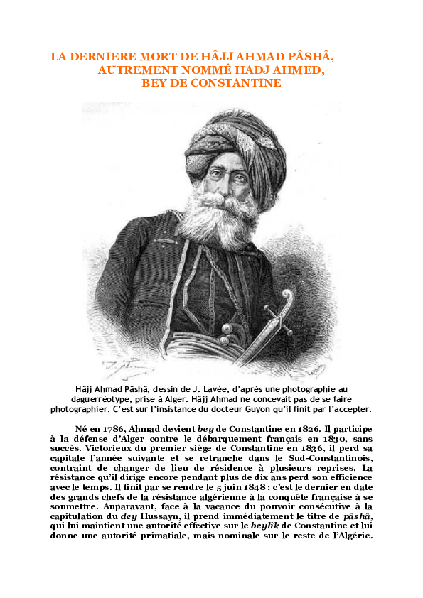 LA DERNIERE MORT DE HÂJJ AHMAD PÂSHÂ, AUTREMENT NOMMÉ HADJ AHMED, BEY ...