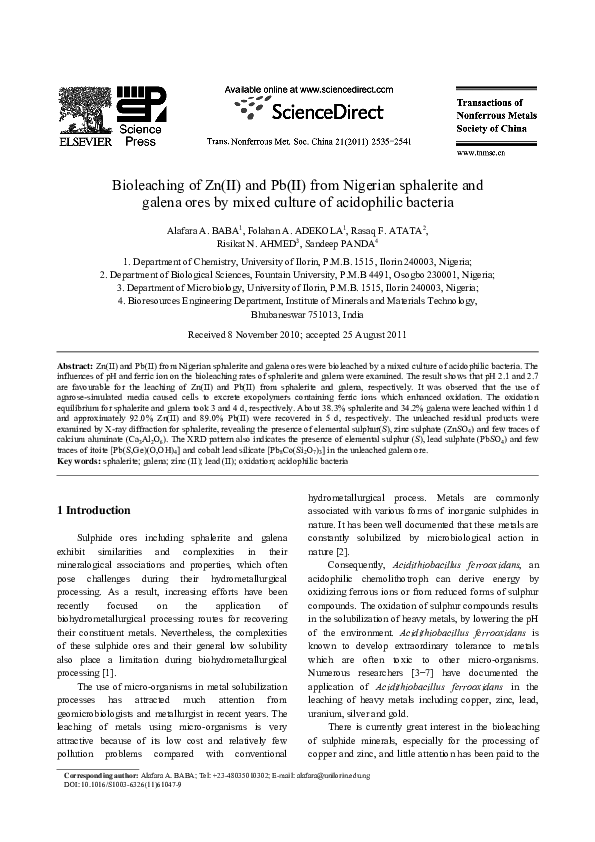 (PDF) Bioleaching of Zn (II) and Pb (II) from Nigerian sphalerite and ...