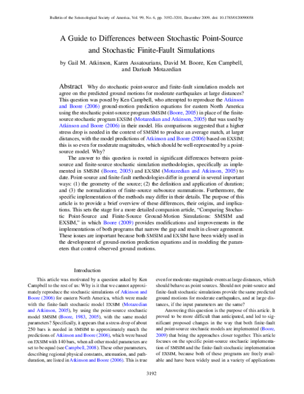 Pdf A Guide To Differences Between Stochastic Point Source And Stochastic Finite Fault Simulations