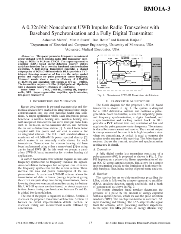 (PDF) A 0.32nJ/bit Noncoherent UWB Impulse Radio Transceiver with Baseband Synchronization and a ...