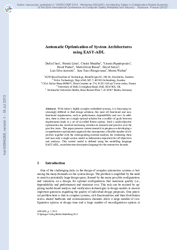 Pdf Automatic Optimisation Of System Architectures Using East Adl