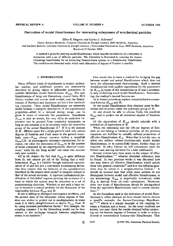 (PDF) Derivation of Model Hamiltonians for Interacting Subsystems of Nonidentical Particles