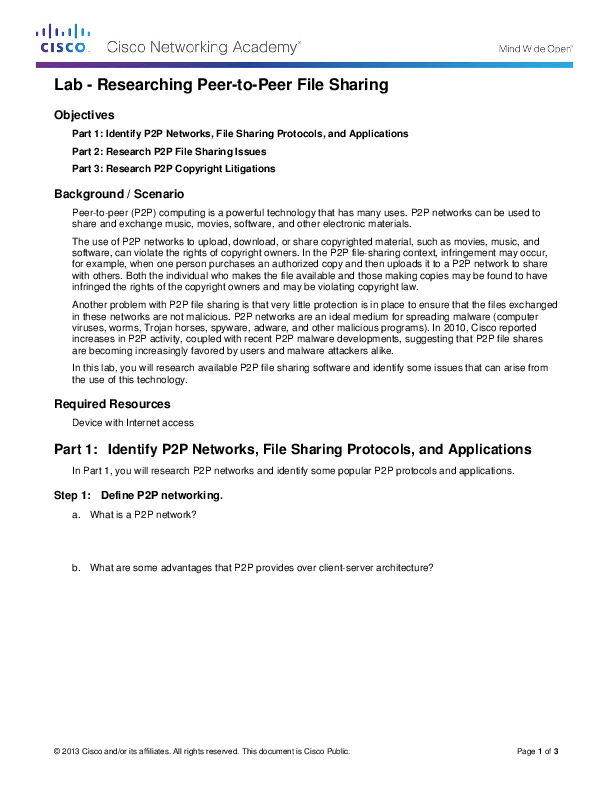 (PDF) Lab -Researching Peer-to-Peer File Sharing Objectives Part 1: Identify P2P Networks, File ...