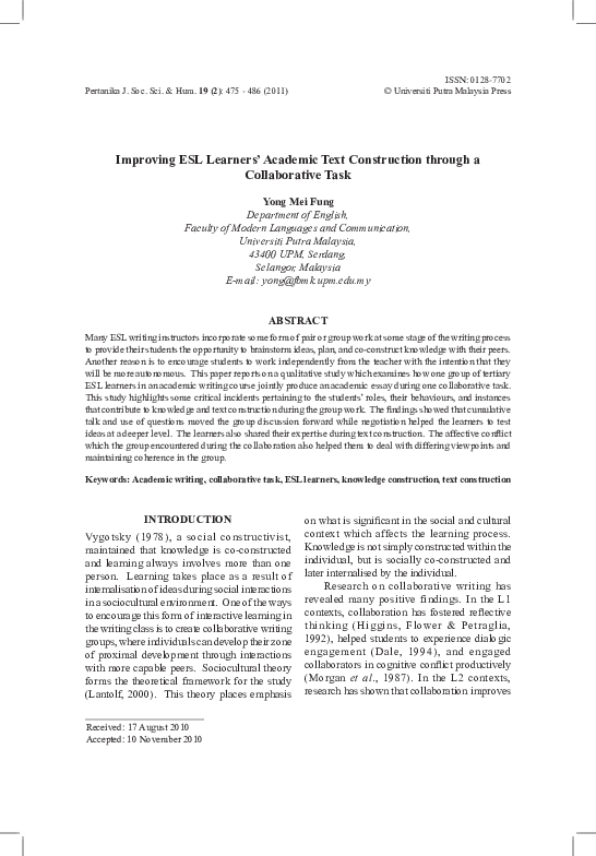 (PDF) Improving ESL learners' academic text construction through a ...
