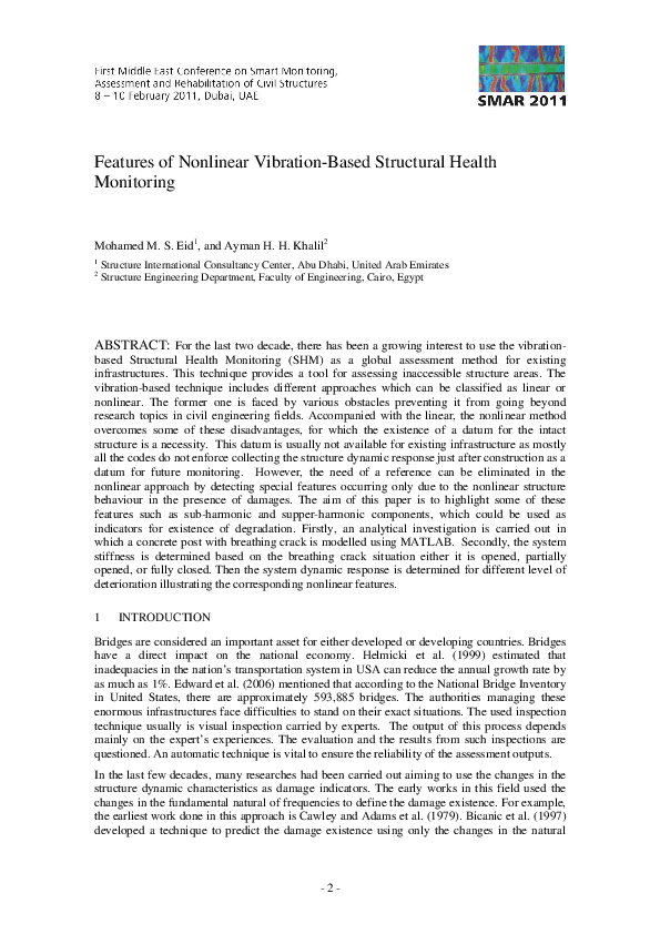 Pdf Features Of Nonlinear Vibration Based Structural Health Monitoring
