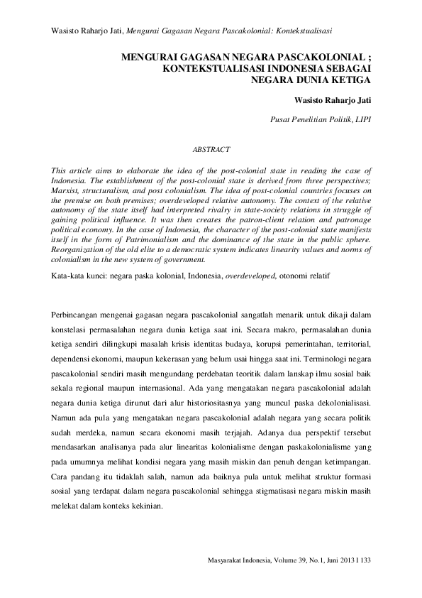 (PDF) Mengurai Gagasan Negara Pascakolonial: Kontekstualisasi Indonesia ...