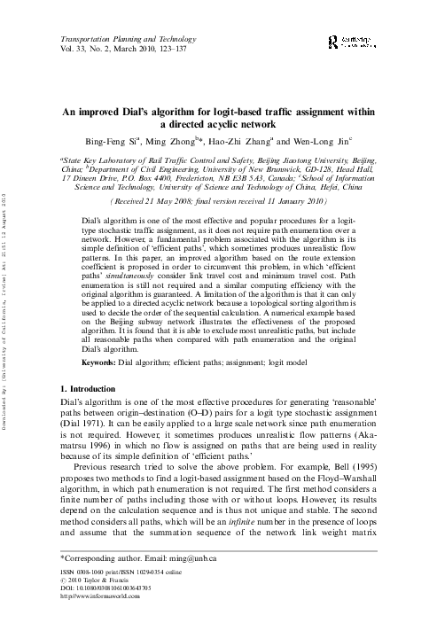 Pdf An Improved Dial S Algorithm For Logit Based Traffic Assignment Within A Directed Acyclic