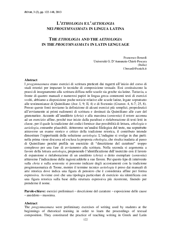 (PDF) L'ethologia e l'aitiologia nei progymnasmata in lingua latina ...