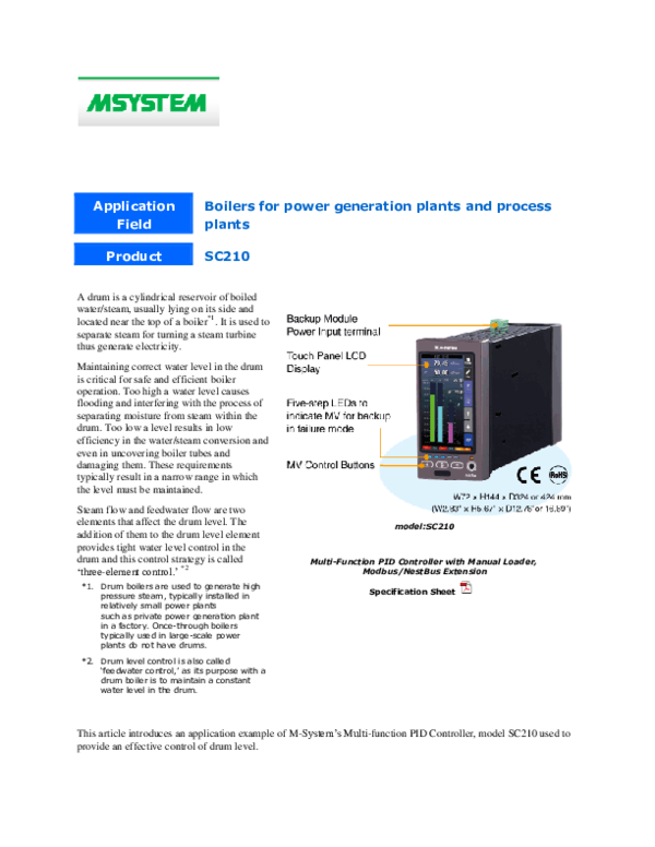 (DOC) Three-element boiler drum level control using the SC100/200 series Multi-Function PID ...