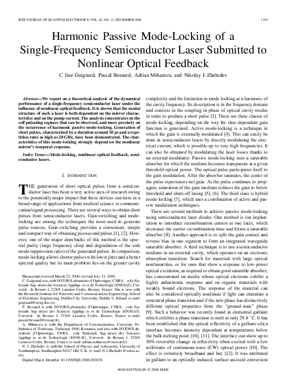 (PDF) Harmonic Passive Mode-Locking of a Single-Frequency Semiconductor Laser Submitted to ...