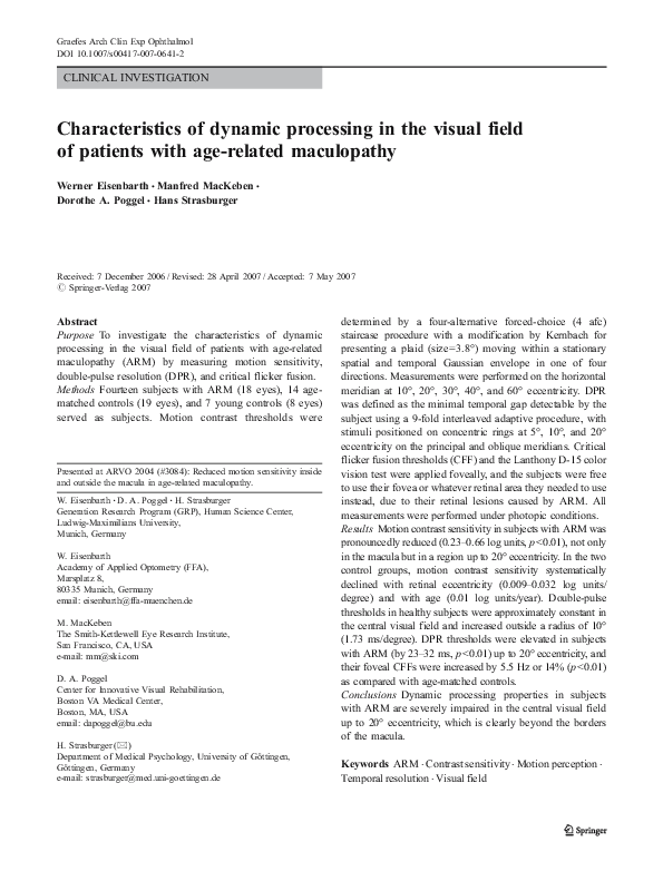 Characteristics of dynamic processing in the visual field of patients ...