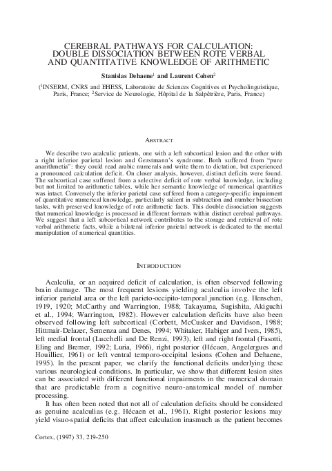 (PDF) Cerebral Pathways for Calculation: Double Dissociation between Rote Verbal and ...