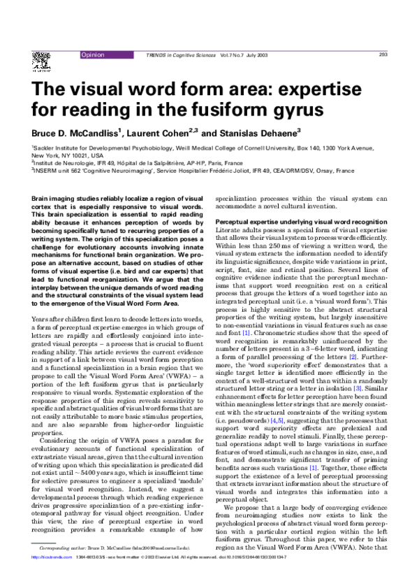 (PDF) The visual word form area: expertise for reading in the fusiform ...