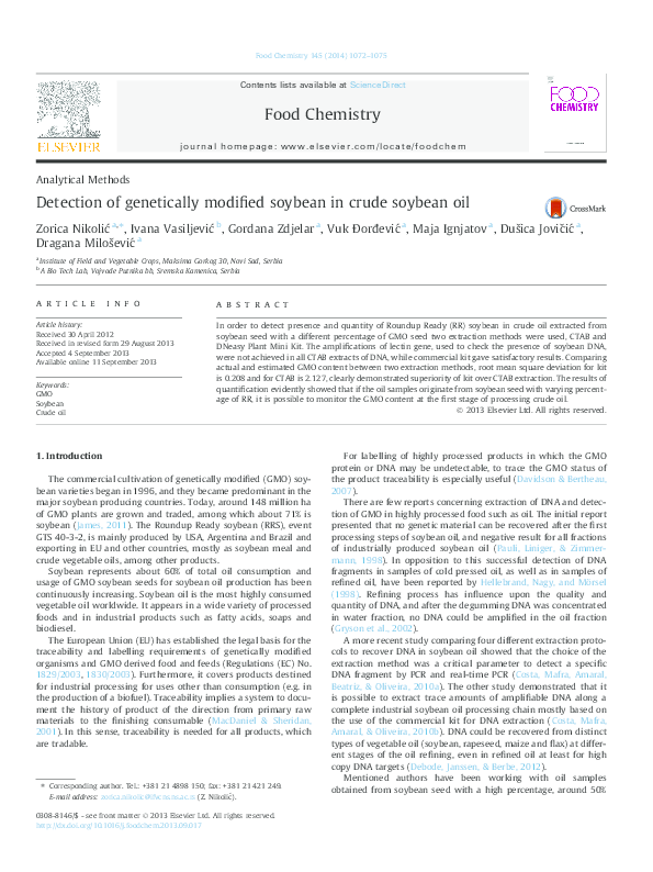 Pdf Detection Of Genetically Modified Soybean In Crude Soybean Oil
