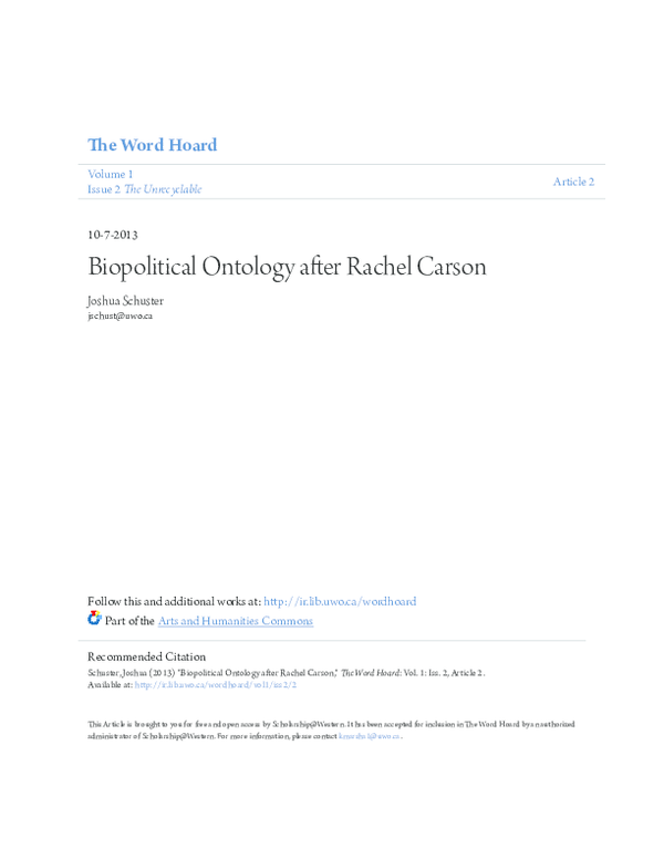 (PDF) Biopolitics after Rachel Carson - Josh Schuster - The Word Hoard