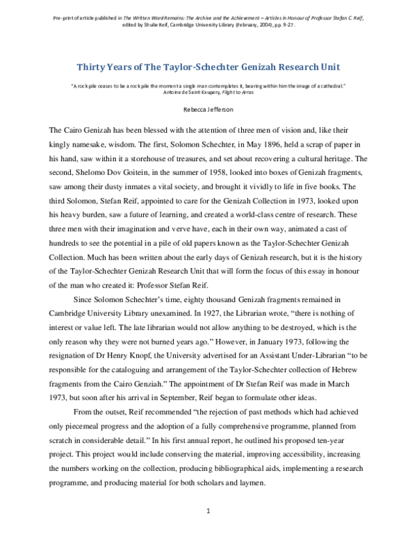 (PDF) Thirty Years of the Taylor-Schechter Genizah Research Unit (pre ...