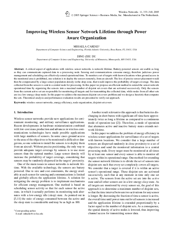 (PDF) Improving Wireless Sensor Network Lifetime through Power Aware Organization