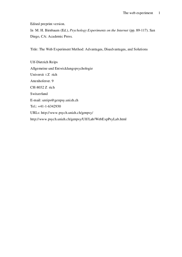 (PDF) The Web Experiment Method: Advantages, disadvantages, and solutions.