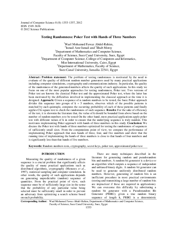 (PDF) Testing Randomness: Poker Test with Hands of Three Numbers