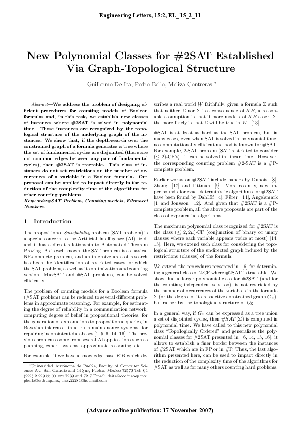 (PDF) New Polynomial Classes for #2SAT Established Via Graph ...