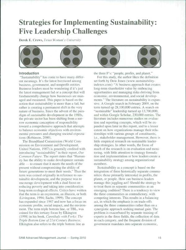 (PDF) Strategies for Implementing Sustainability: Five Leadership Challenges