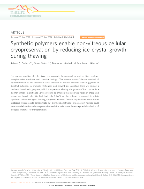 (PDF) Synthetic polymers enable non-vitreous cellular cryopreservation ...