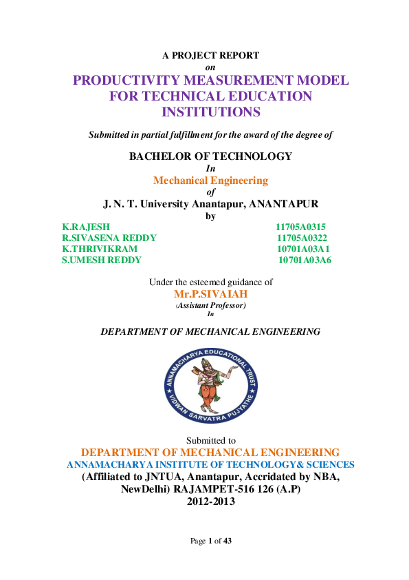 (DOC) A PROJECT REPORT on PRODUCTIVITY MEASUREMENT MODEL FOR TECHNICAL ...