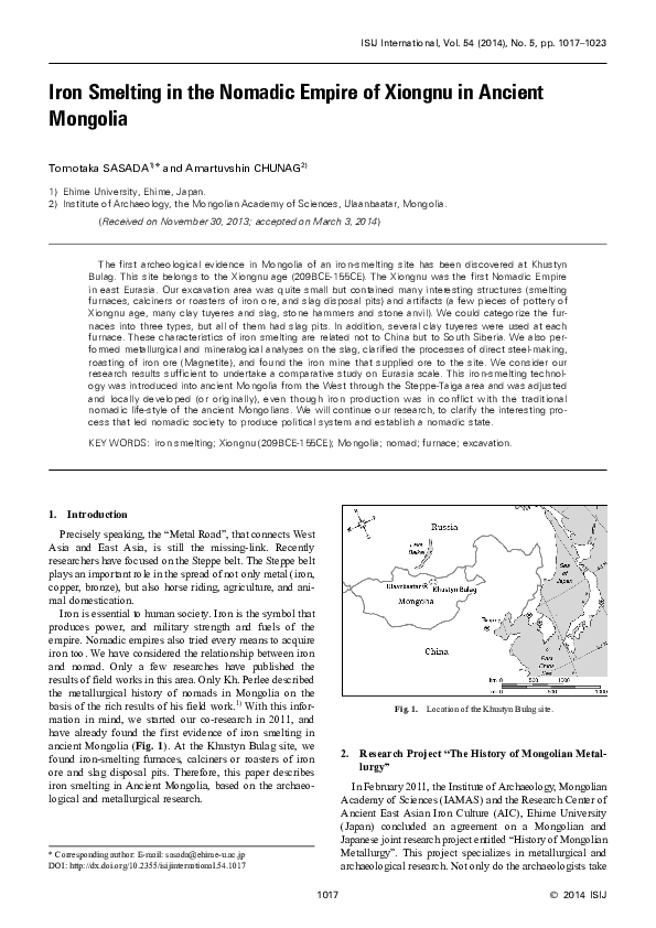 (PDF) Iron Smelting in the Nomadic Empire of Xiongnu in Ancient Mongolia