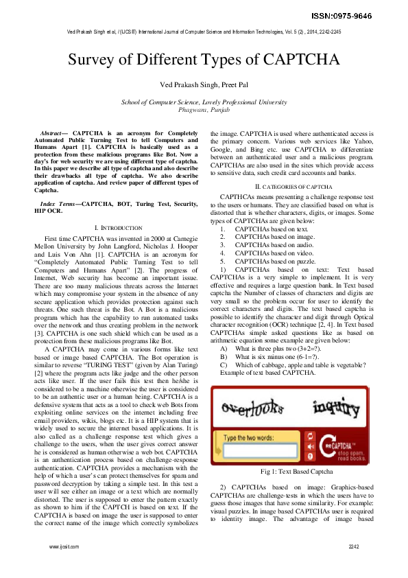 (PDF) Survey of Different Types of CAPTCHA - international