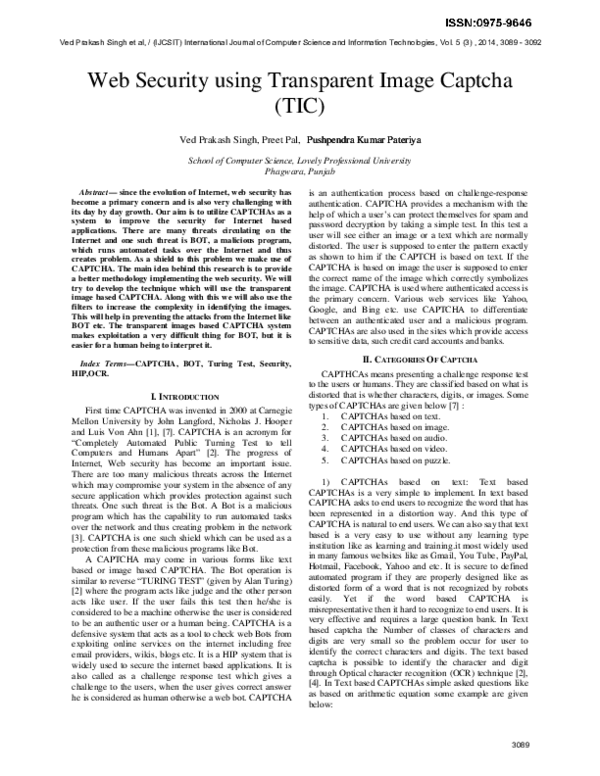 (PDF) Web Security using Transparent Image Captcha (TIC)