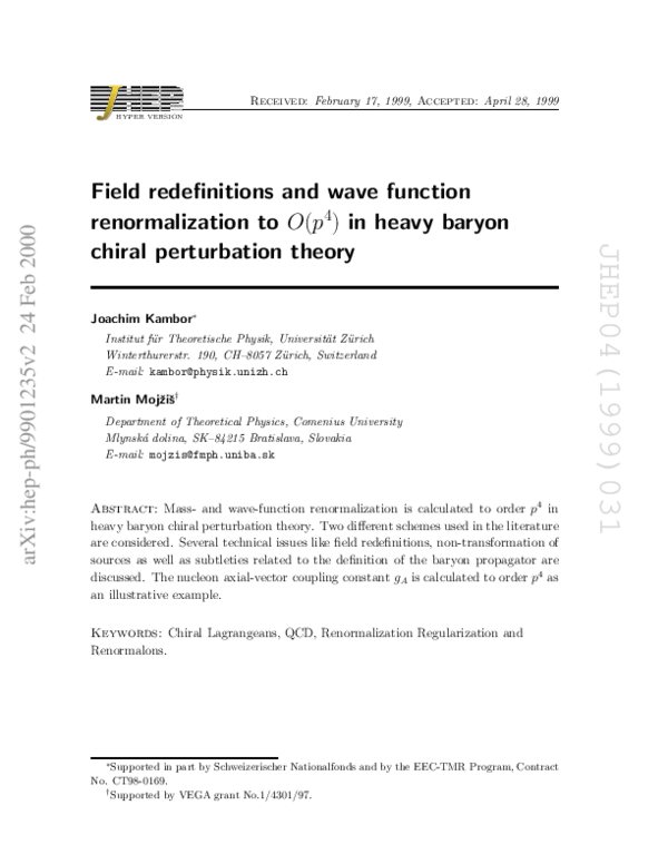 (PDF) Field redefinitions and wave function renormalization to O(p4) in heavy baryon chiral ...