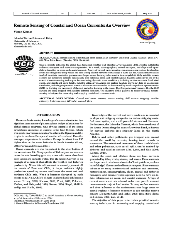 Pdf Remote Sensing Of Coastal And Ocean Currents An Overview