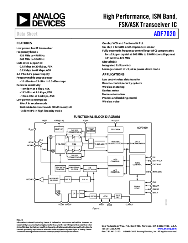 (PDF) High Performance, ISM Band, FSK/ASK Transceiver IC Data Sheet ADF7020