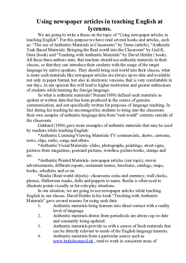 (DOC) Using newspaper articles in teaching English at lyceums